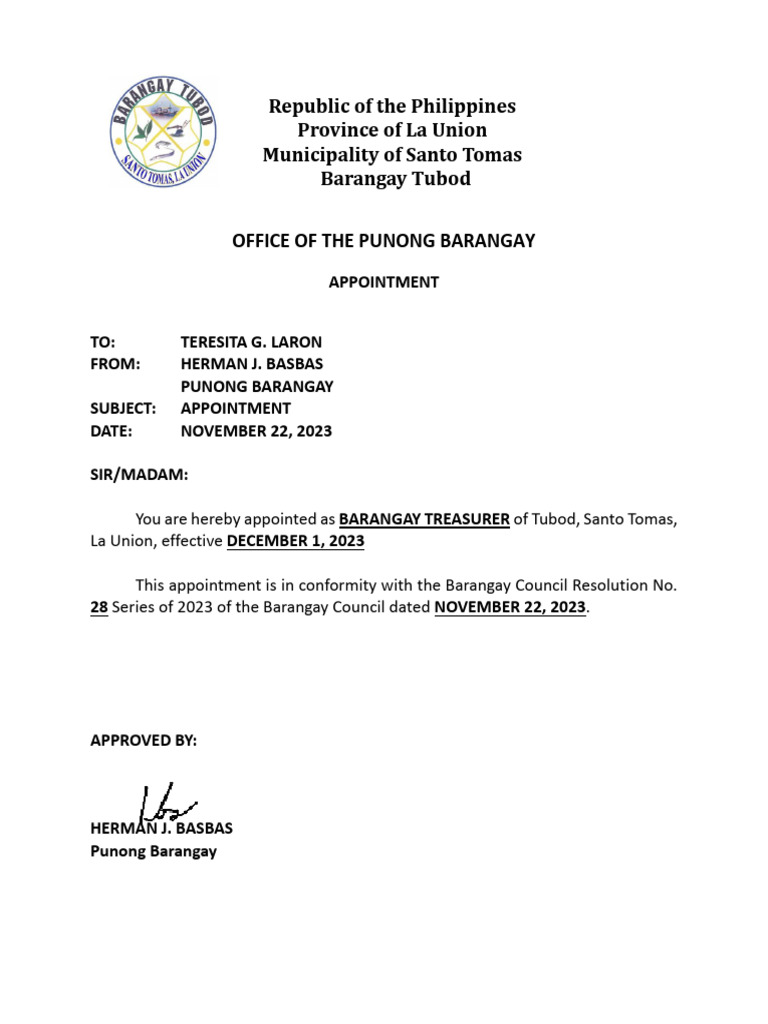 Appointment Letter Treasurer | PDF