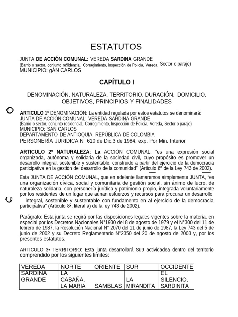 Estatutos Junta de Acción Comunal Sardina Grande | PDF | Comisión Europea | Quórum