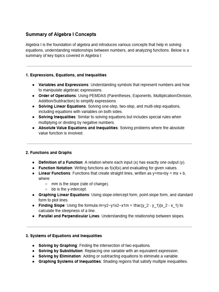 Algebra 1 Concept Review | PDF | Algebra | Equations