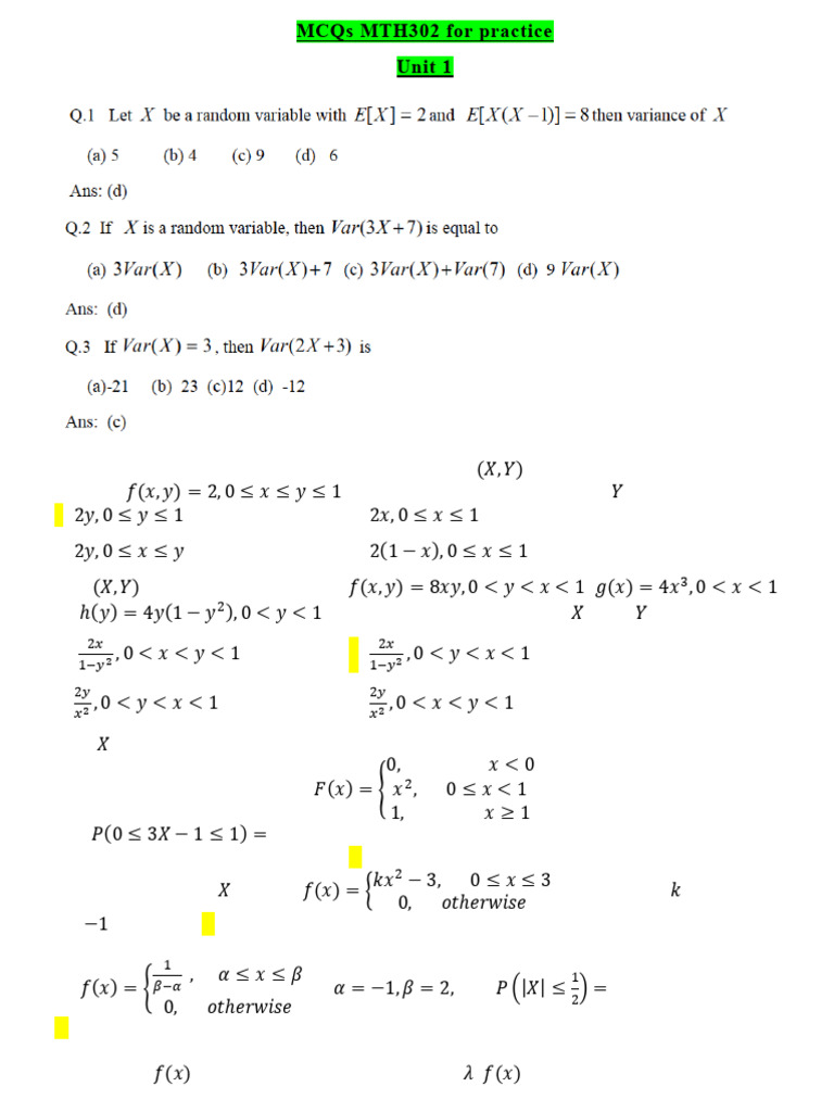 MTH302 Probability MCQs for Practice | PDF | Probability Theory | Variance