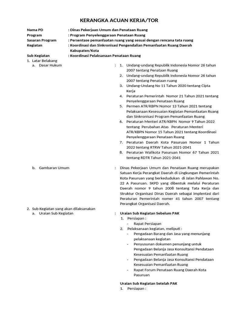KAK - Koordinasi Pelaksanaan Penataan Ruang - PAK | PDF