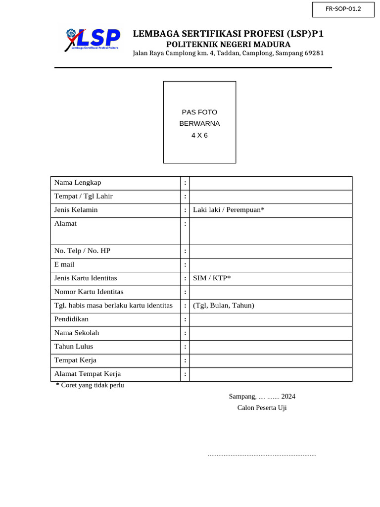 FR-SOP-01.2 Formulir Data Peserta Uji | PDF