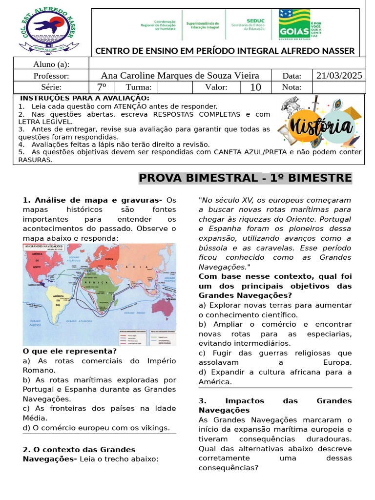 PROVA 7 ANO HISTORIA | PDF | Era dos Descobrimentos | Europa