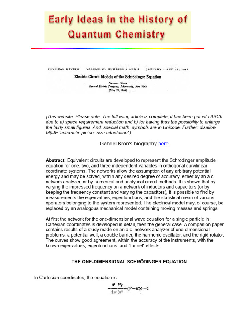 Gabriel Kron, Electric Circuit Model of The Schrödinger Equation, 1945 ...