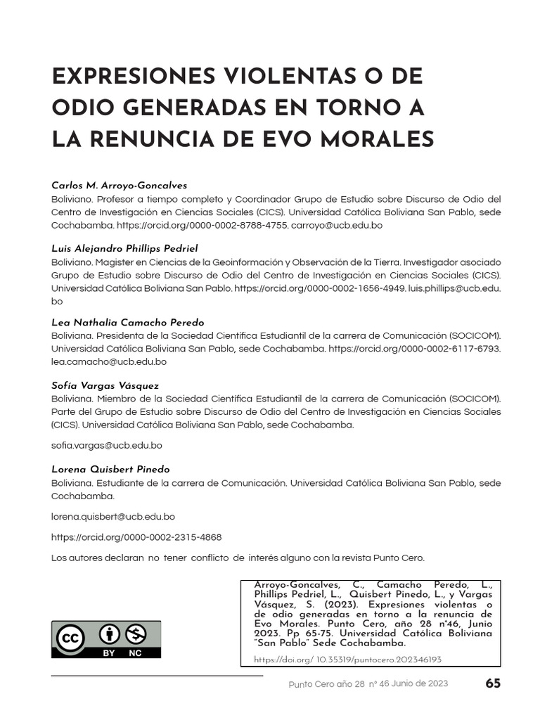 Arroyo y Otros - Expresiones de Odio Tras Renuncia de Morales | PDF | Violencia | Comunicación