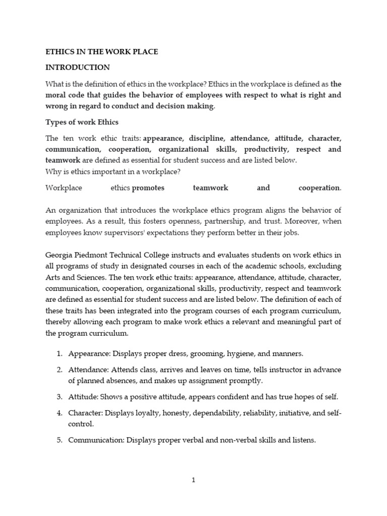 Week IV Ethics in the Work Place. | PDF | Integrity | Employment