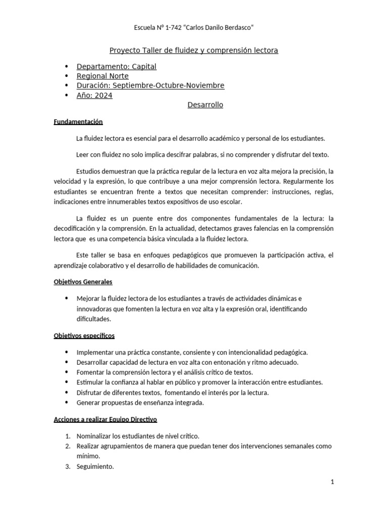 Taller de Fluidez Lectora 2024 | PDF | Comprensión lectora | Enseñando