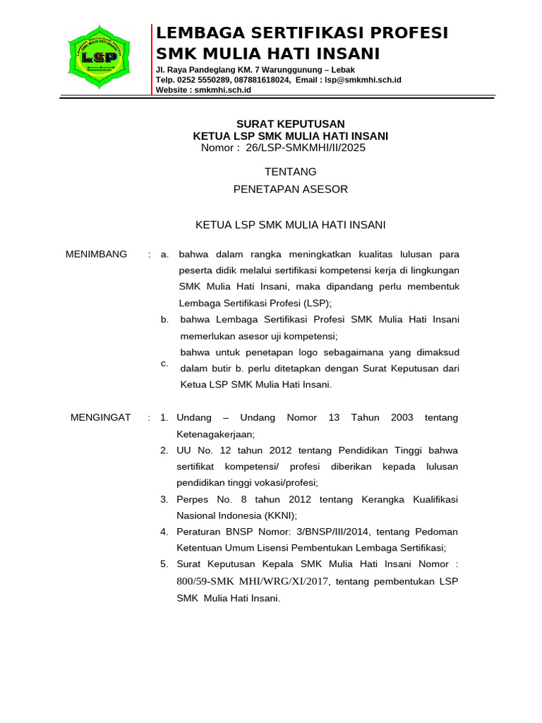 SK Asesor LSP Mhi Ukom 2025 | PDF