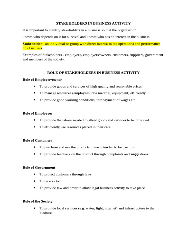 Stakeholders Involved in Business Activities | PDF