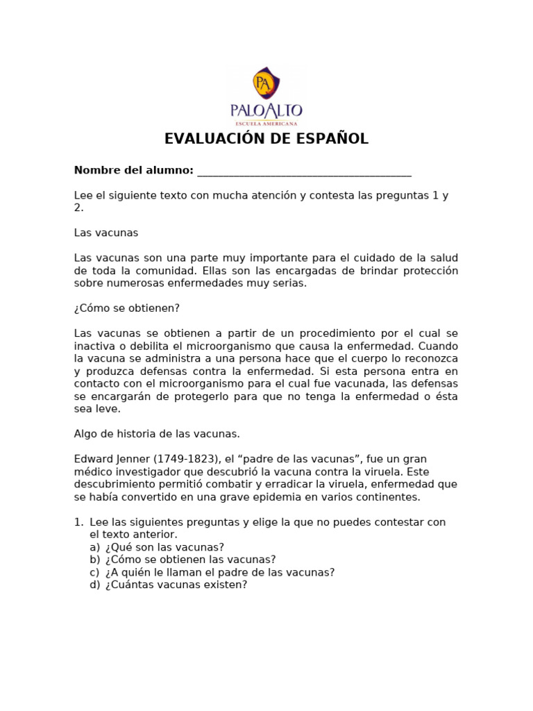 Evaluación de Español Cuarto Grado | PDF | Vacunas | Viruela