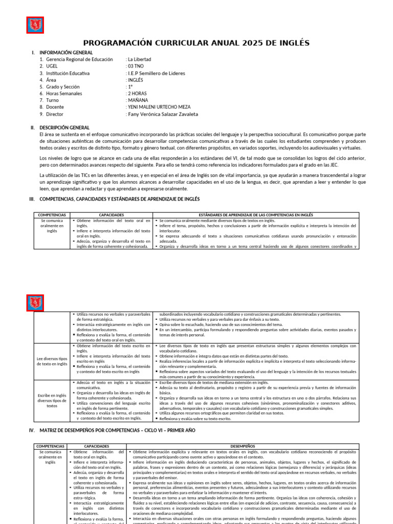 INGLES 1ro Programacion Anual de Ingles YENI | PDF | Enseñando | Entorno natural