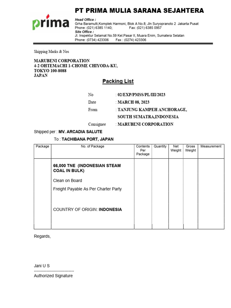 PACKINGLIST MV Arcadia Salute (DRAFT) | PDF