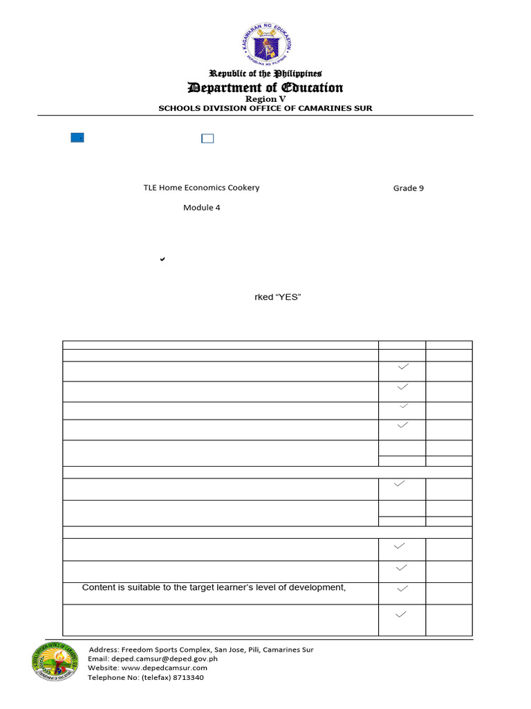 SLMs Evaluation Tool Module 4 TLE HE Cookery 9 | PDF | Learning ...