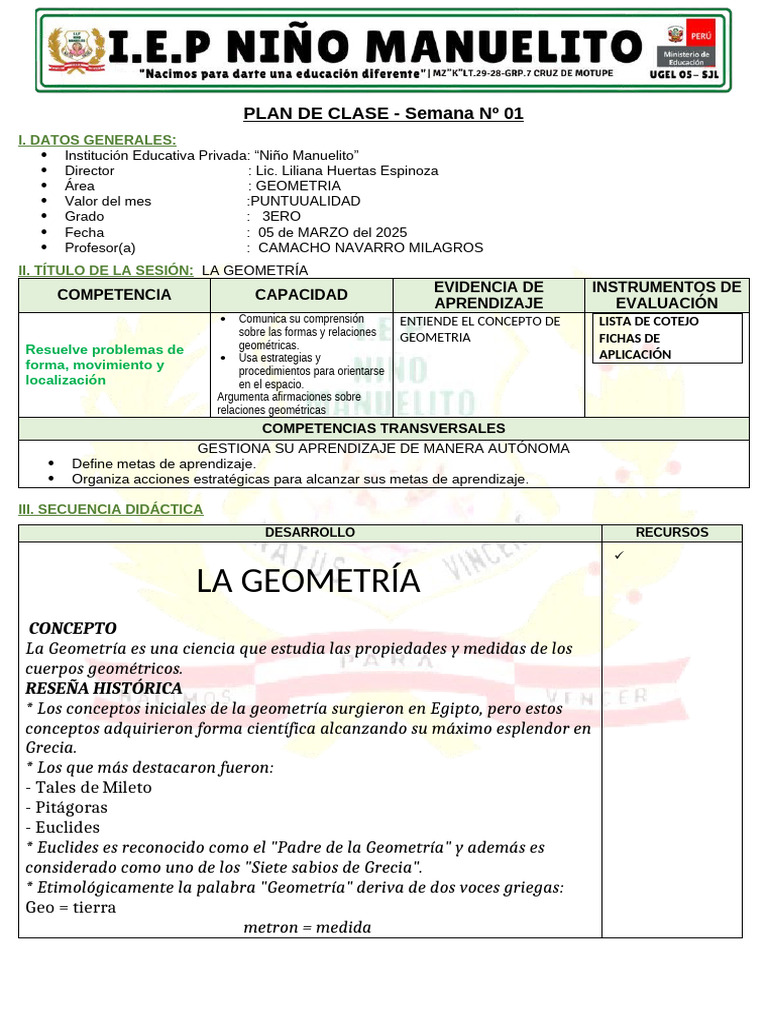 PLAN DE CLASE PRIMERA SEMANA | PDF | Geometría | Aprendizaje