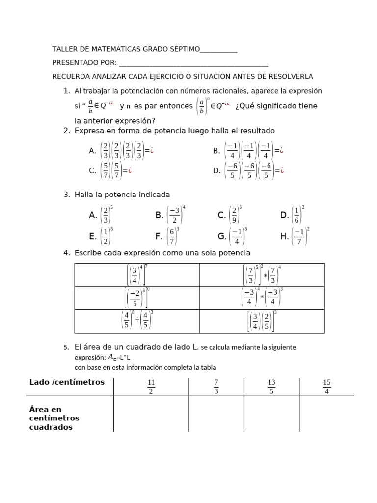 Taller de Potenciación para Séptimo Grado | PDF | Matemáticas