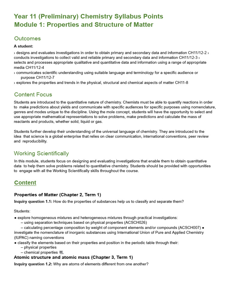 Year 11 Chemistry Syllabus Overview | PDF | Chemical Reactions | Redox