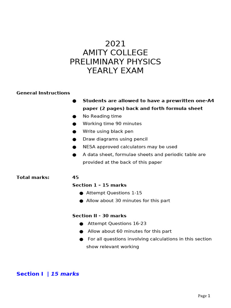 2021 Pre Phy Yearly Exam | PDF | Force | Electron