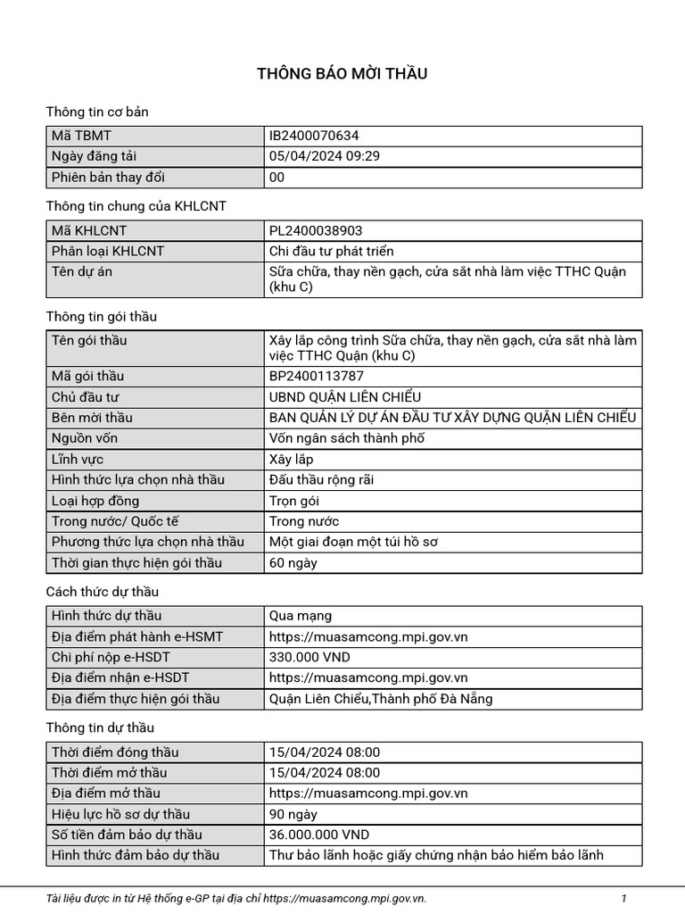 - Thông báo mời thầu Sua chua TTHC quan (Khu C) | PDF