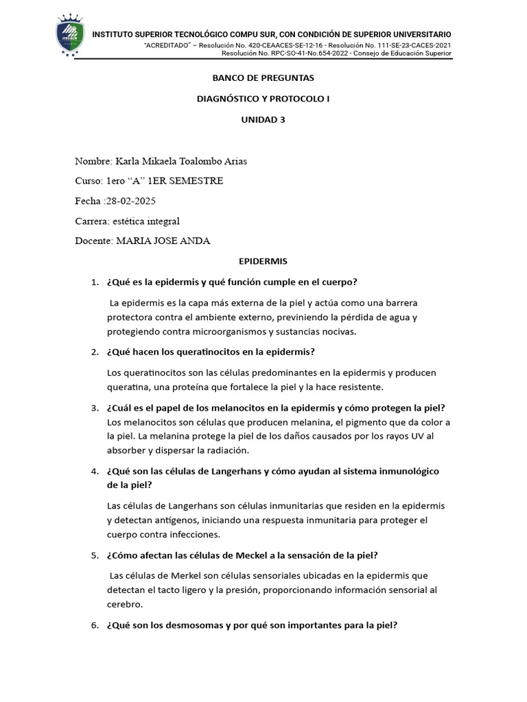 Banco de Preguntas Unidad 3 y 4 D y Protocolo I | PDF | Epidermis | Piel