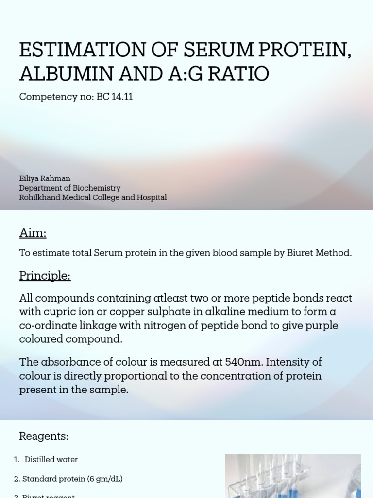 Serum Protein and A:G Ratio Estimation | PDF | Chemistry