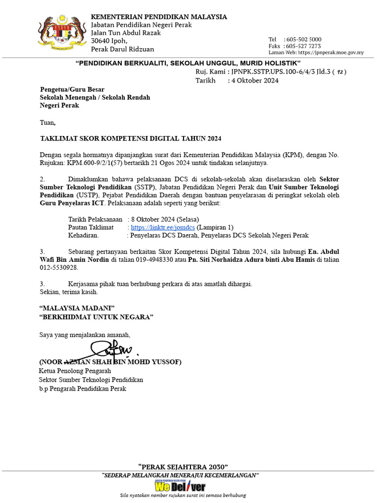 Surat Taklimat Pelaksanaan DCS Negeri Perak Tahun 2024 | PDF