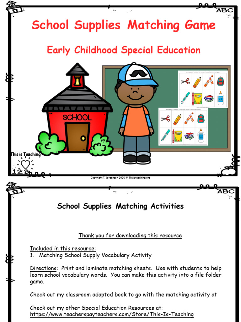 School Supplies Matching Game: Early Childhood Special Education | PDF ...