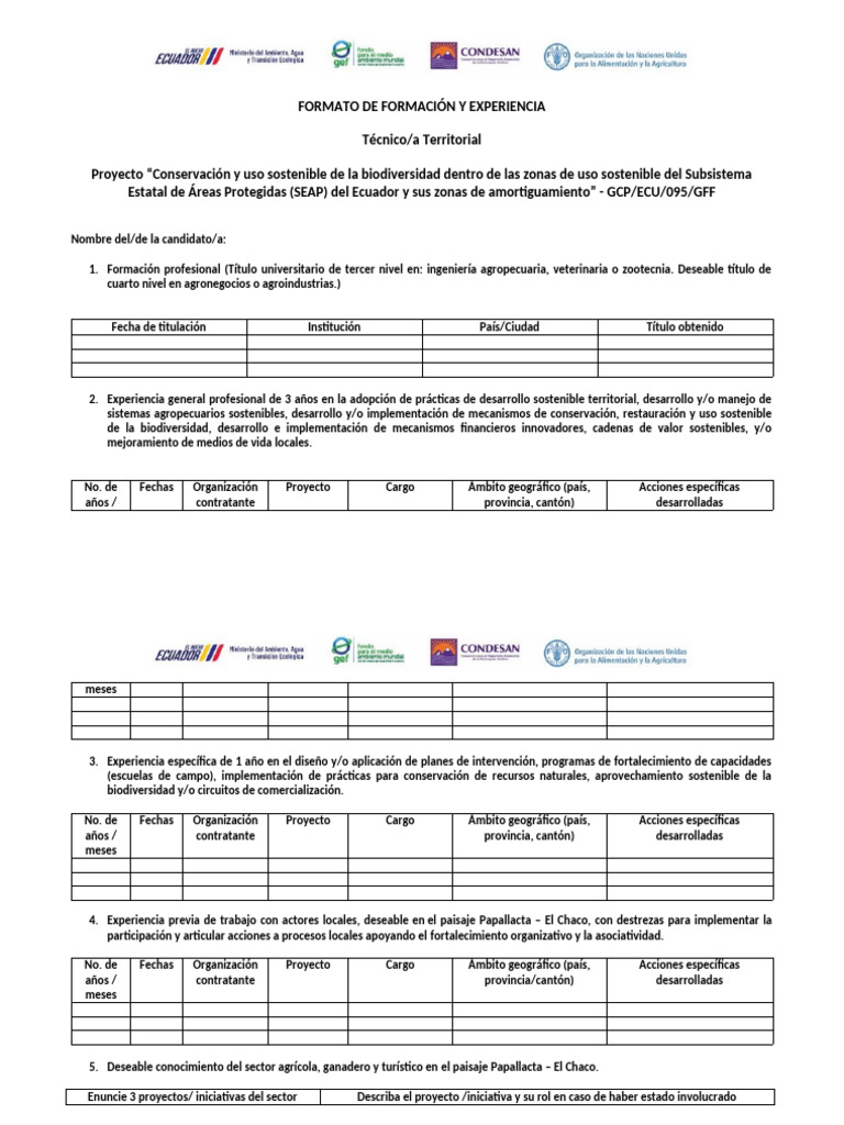 GCP Ecu 095 GFF Formato-Formacion-Experiencia | PDF | Sustentabilidad