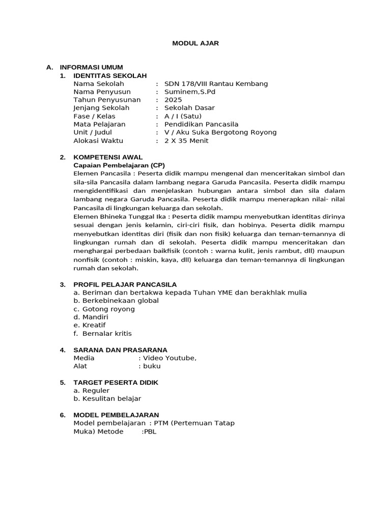 Modul Ajar Pendidikan Pancasila - AKU SUKA BERGOTONG ROYONG - Fase A - Ldm0ykMZwg | PDF