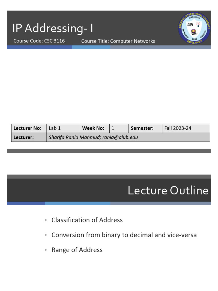 CN Lab Lecture 1 IP - Addressing I - Fall - 23 - 24 | PDF | Computer Network | Network Interface ...