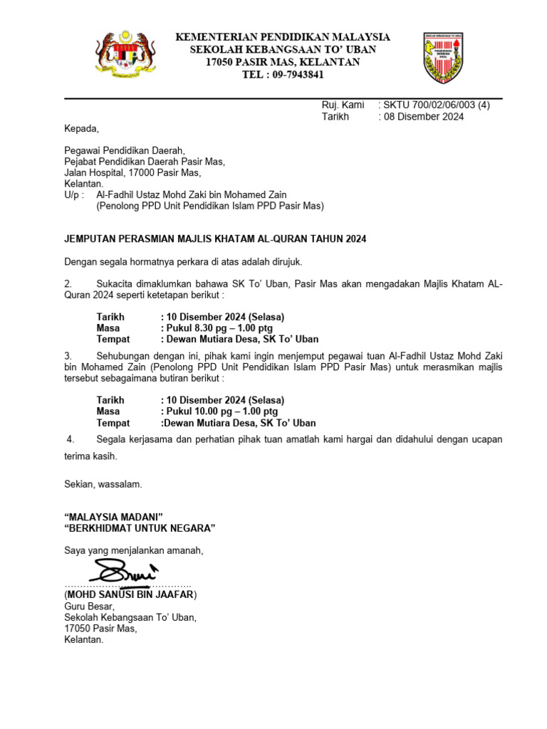 Surat Jemputan Perasmi Majlis Khatam Al-Quran | PDF