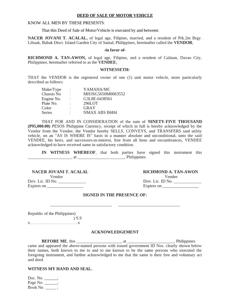 Deed of Sale of Motor Vehicle | PDF | Real Property Law | Private Law