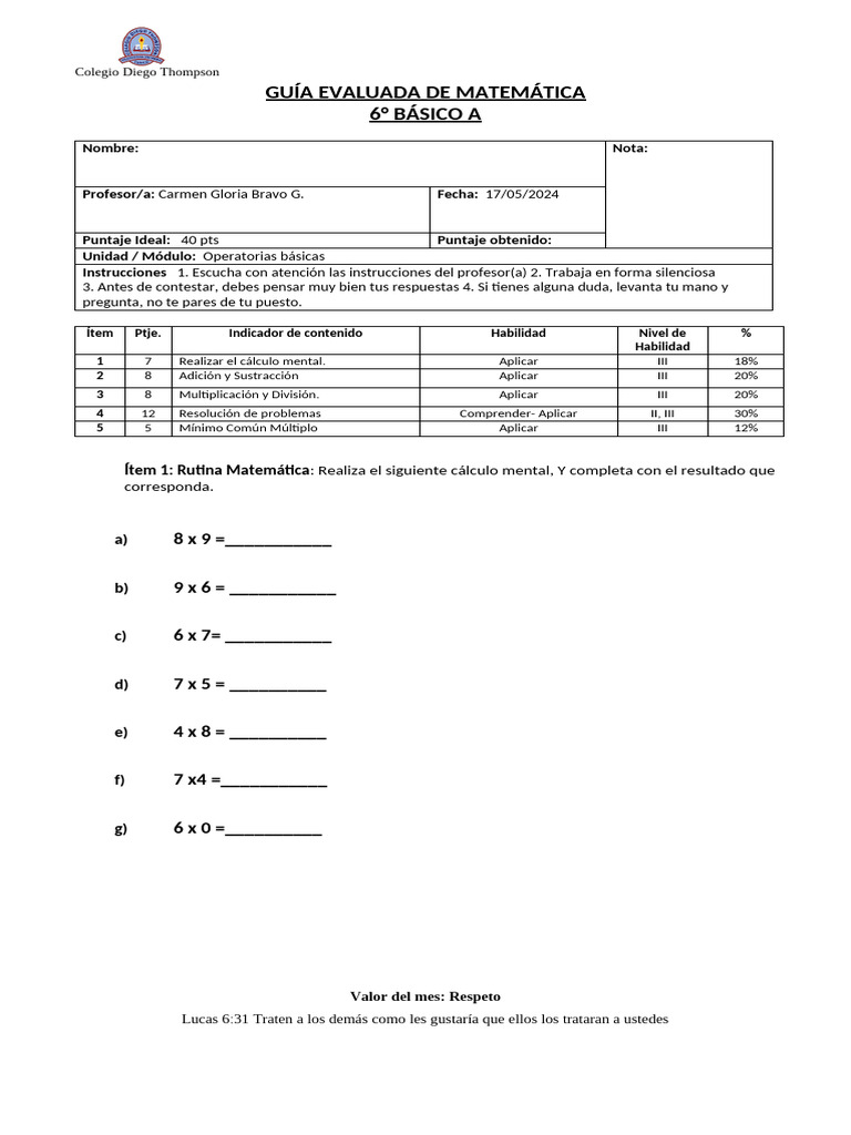 GUIA - EVALUADA - 6TO - MAT A Operatoria | PDF | Aritmética