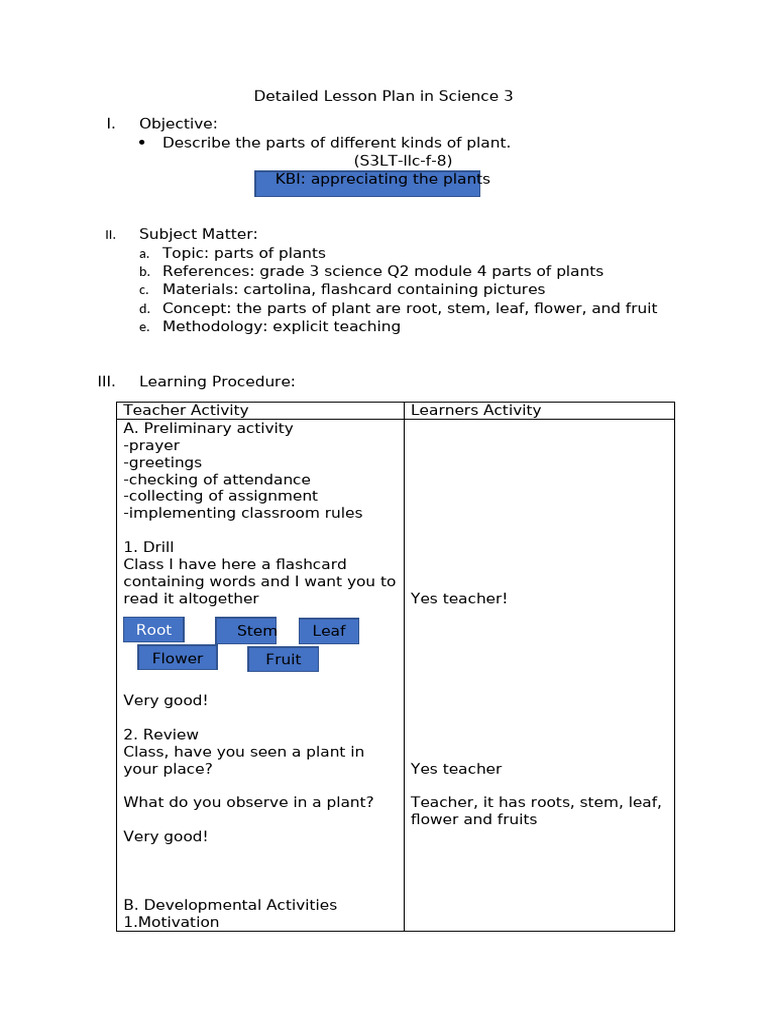 Lesson Plan: Parts of Plants for Grade 3 | PDF | Root | Plants
