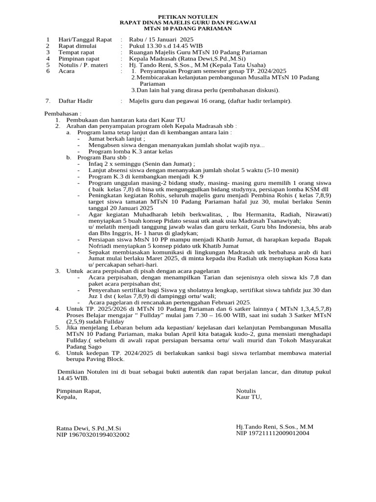 Notulen Rapat Dinas - 15!01!2025 | PDF