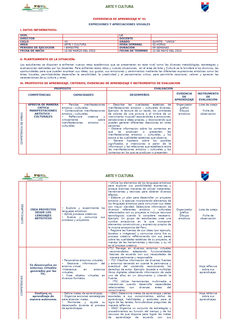 5to Experiencia de Aprendizaje N°1 Arte y Cultura | PDF | Aprendizaje | Evaluación