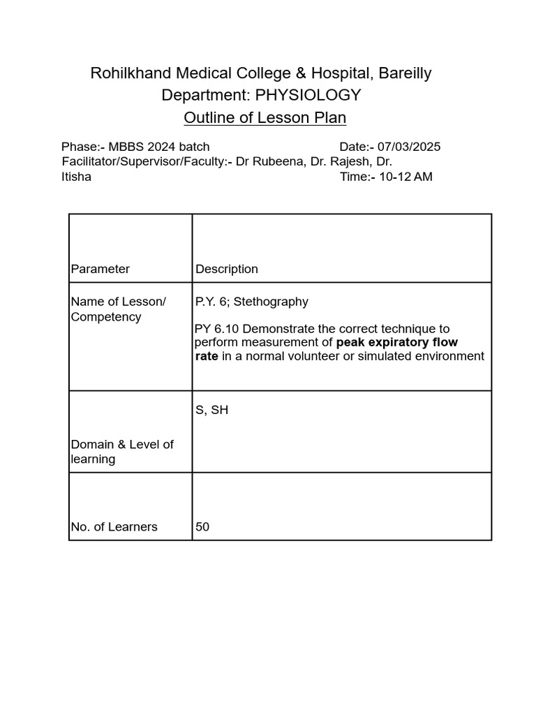Lesson Plan-Clinical Lab - PY-6 - Stethography and PEFR (07.03.2025) | PDF