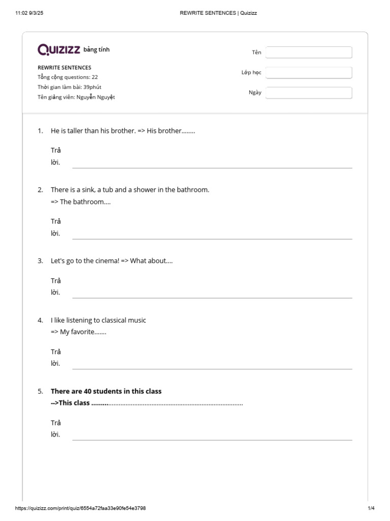 Sentence Rewrite Exercises for Students | PDF