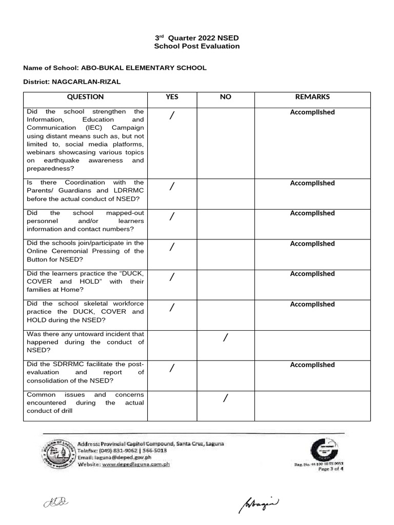 SCHOOL-POST-EVALUATION-3rd QTR-2022-NSED | PDF