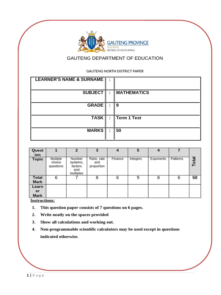 Grade 9 Term 1 Test 2023-3 | PDF | Numbers | Ratio