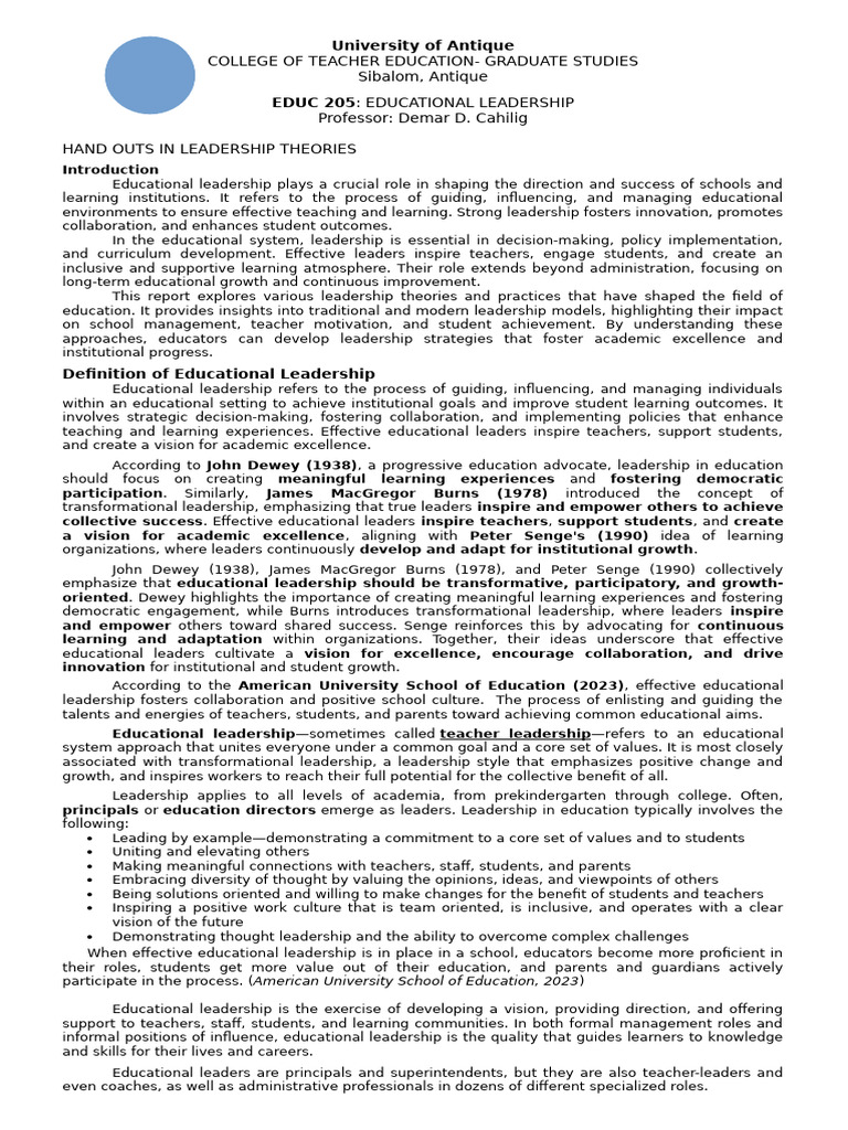 Handouts-in-Leadership-Theories | PDF | Leadership | Transformational ...