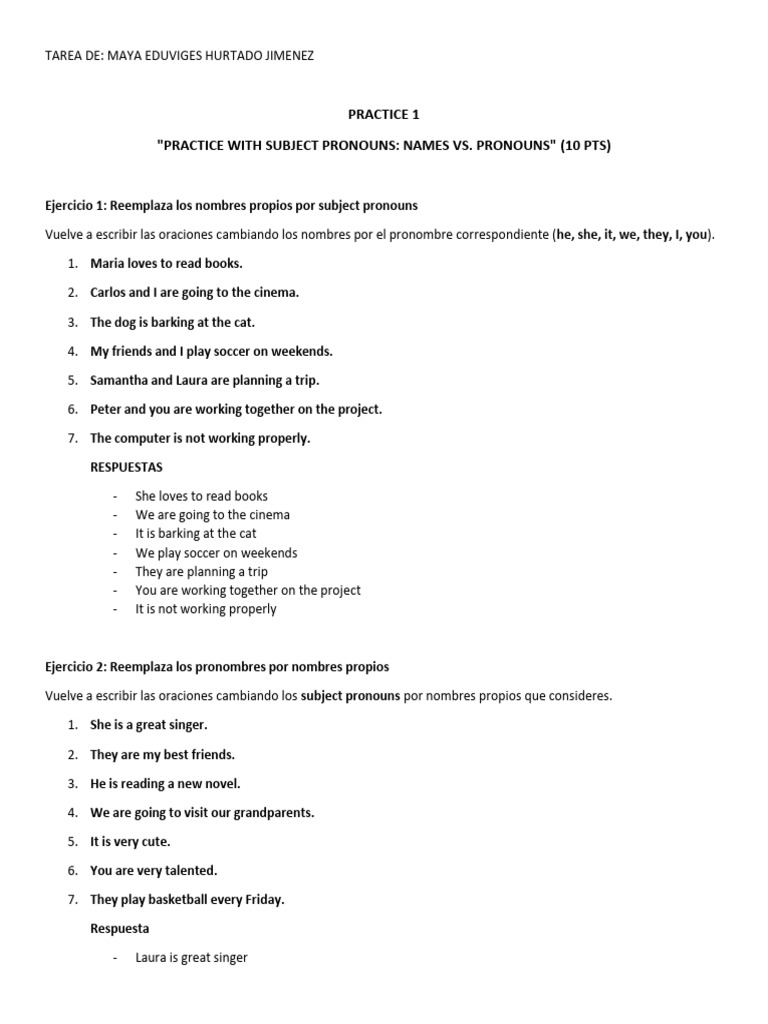 Subject Pronouns Practice Exercises | PDF