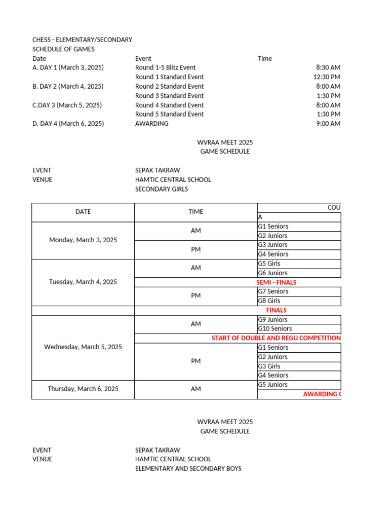2025 WVRAA SCHEDULE OF GAMES | PDF | Olympic Sports | Individual Sports
