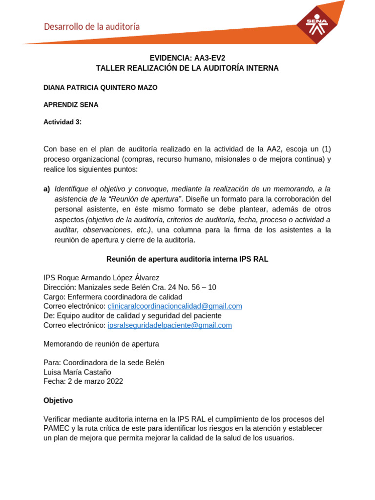 Formato_Evidencia_AA3_Ev2_Taller | PDF | Auditoría | Seguridad del paciente