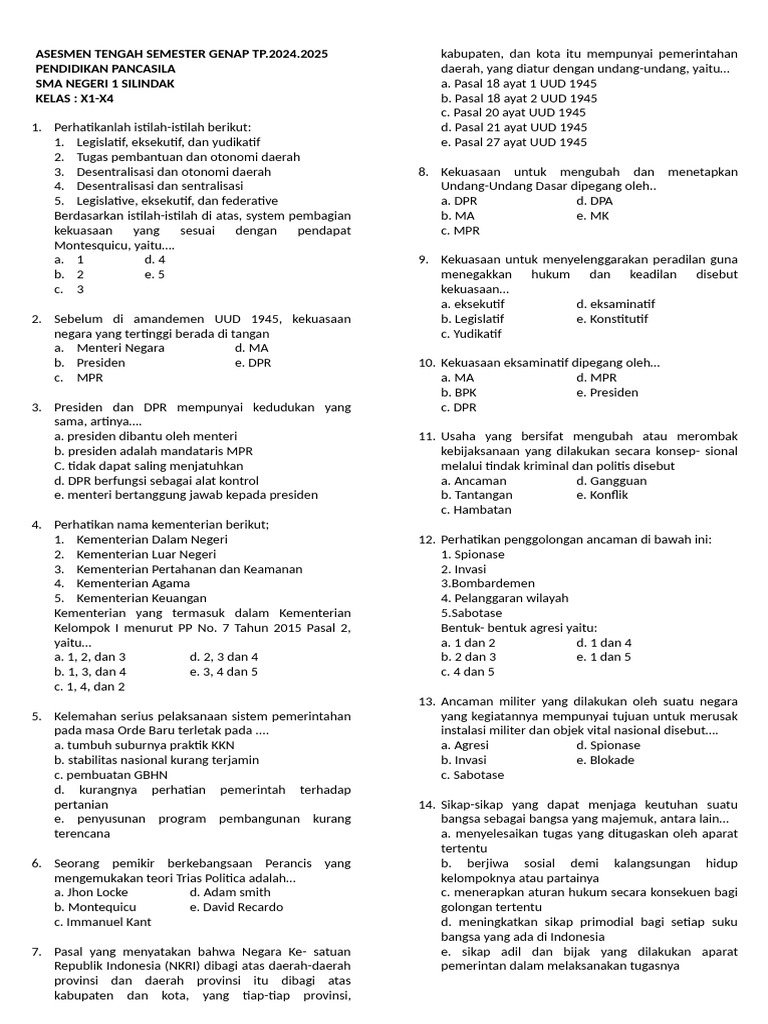 Soal Ujian PKN Kelas X, Xi, Xii | PDF