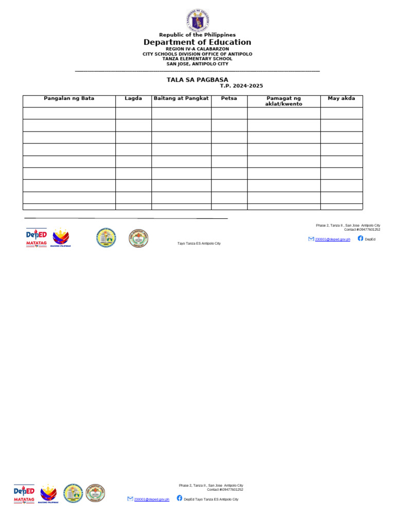 Tanza Elementary School Reading Log 2024 | PDF