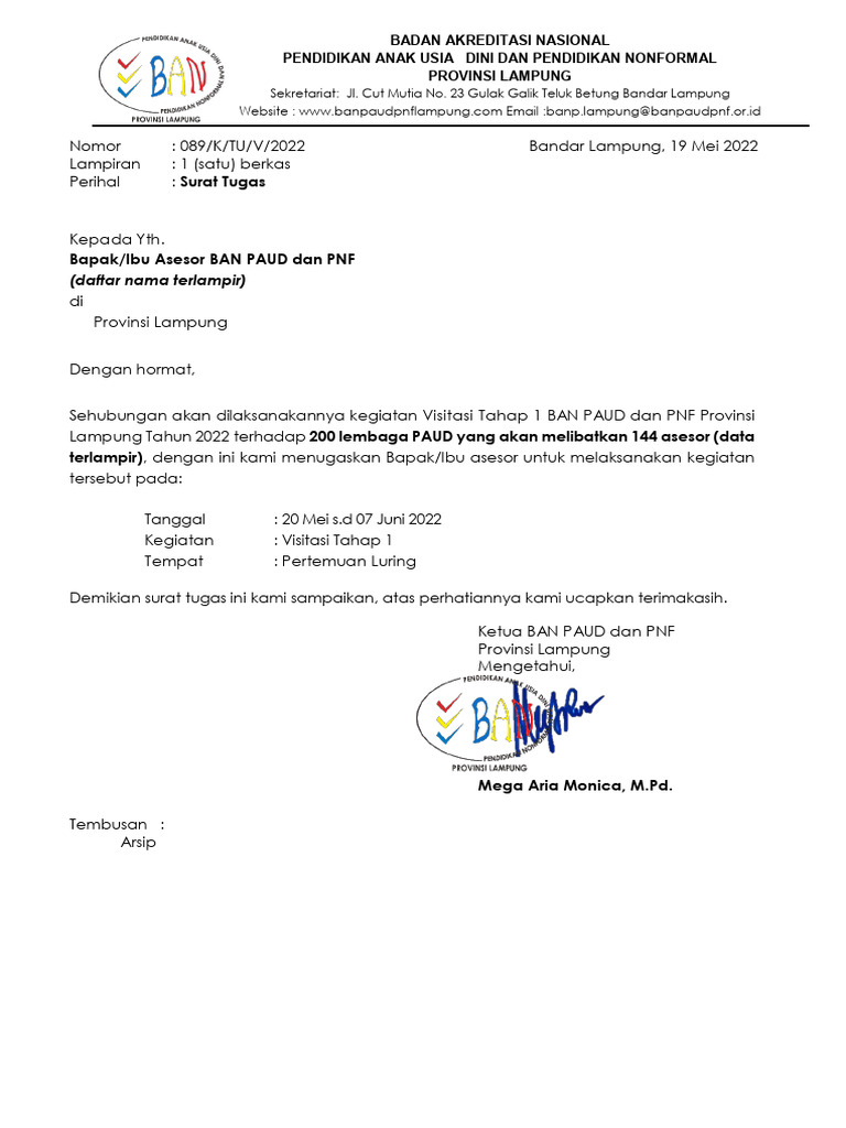 (089) SURAT Tugas Visit Tahap 1 (Asesor) | PDF