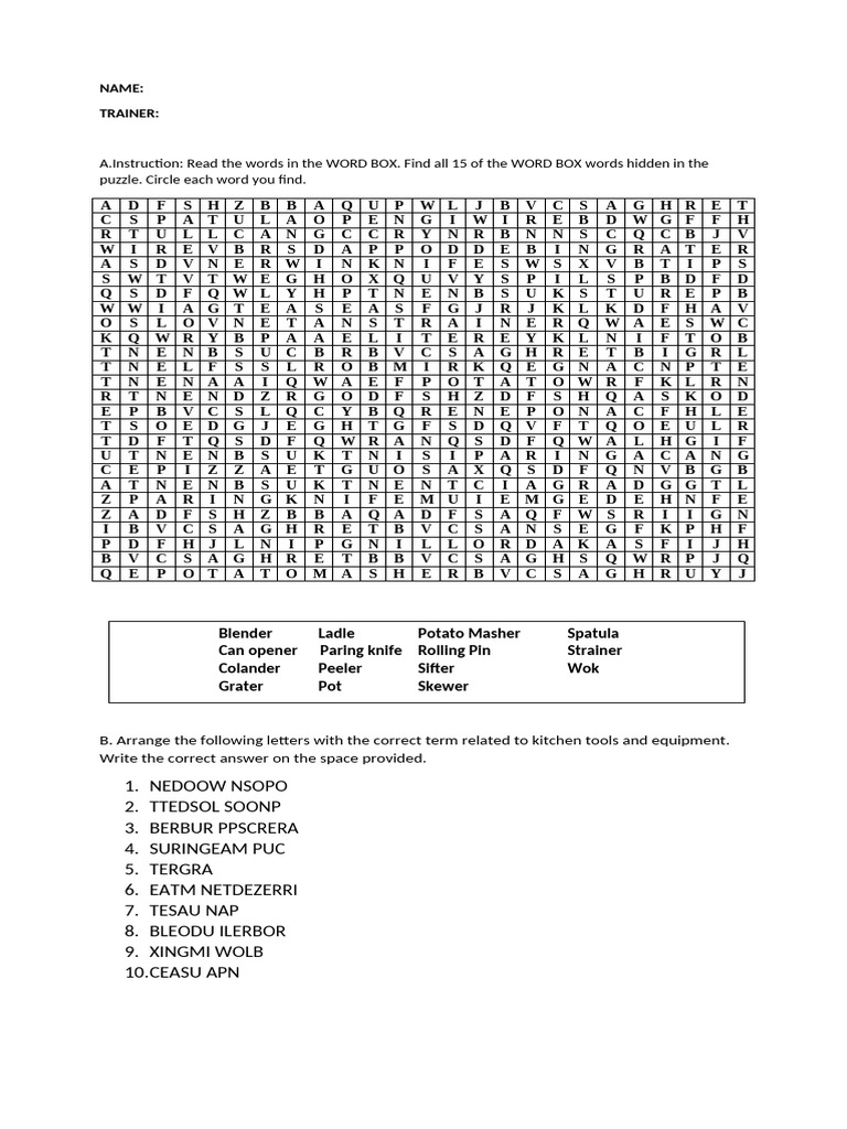 Kitchen Tools Word Search Puzzle | PDF | Domestic Implements | Cooking