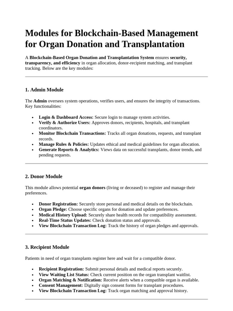 Blockchain Based Management For Organ Donation and Transplantation Moduls | PDF | Organ ...