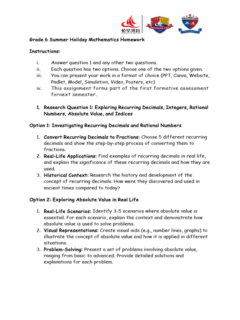 G6 Summer Holiday Homework | PDF | Probability | Numbers