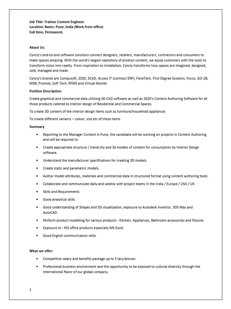 Trainee Content Engineer Position at Cyncly | PDF | 3 D Computer ...
